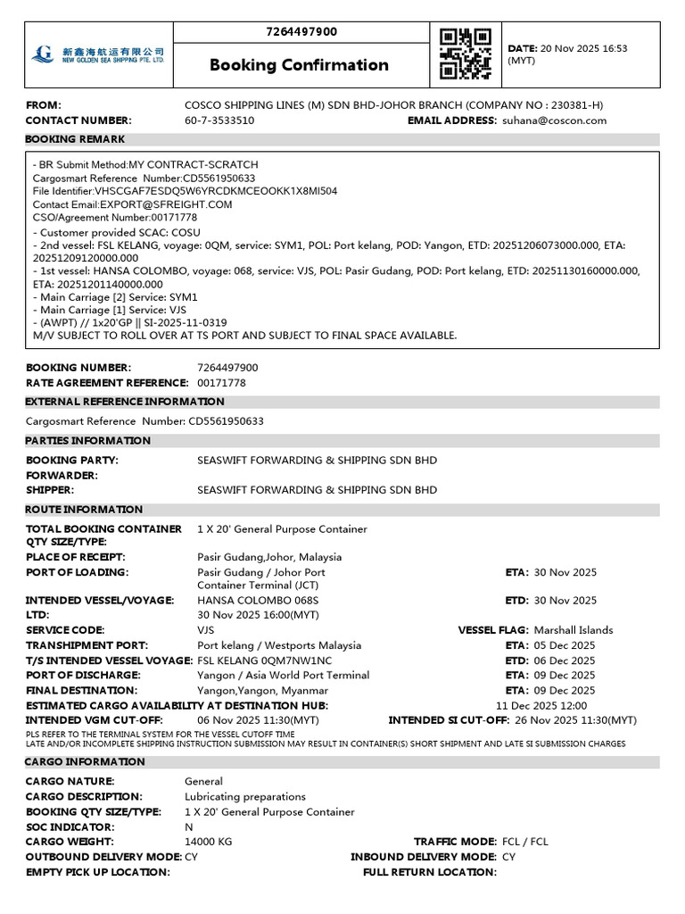 Booking Confirmation Po160 | PDF | Bill Of Lading | Cargo