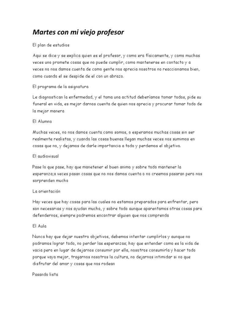 Martes Con Mi Viejo Profesor | PDF | Amor | Sicología Martes Con Mi Viejo Profesor | PDF | Amor | Sicología