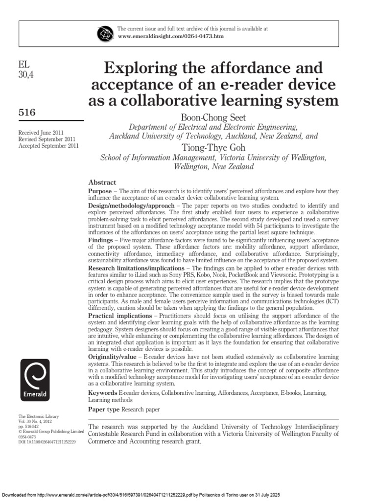 E-Reader Affordances in Collaborative Learning | PDF | E Reader | Usability