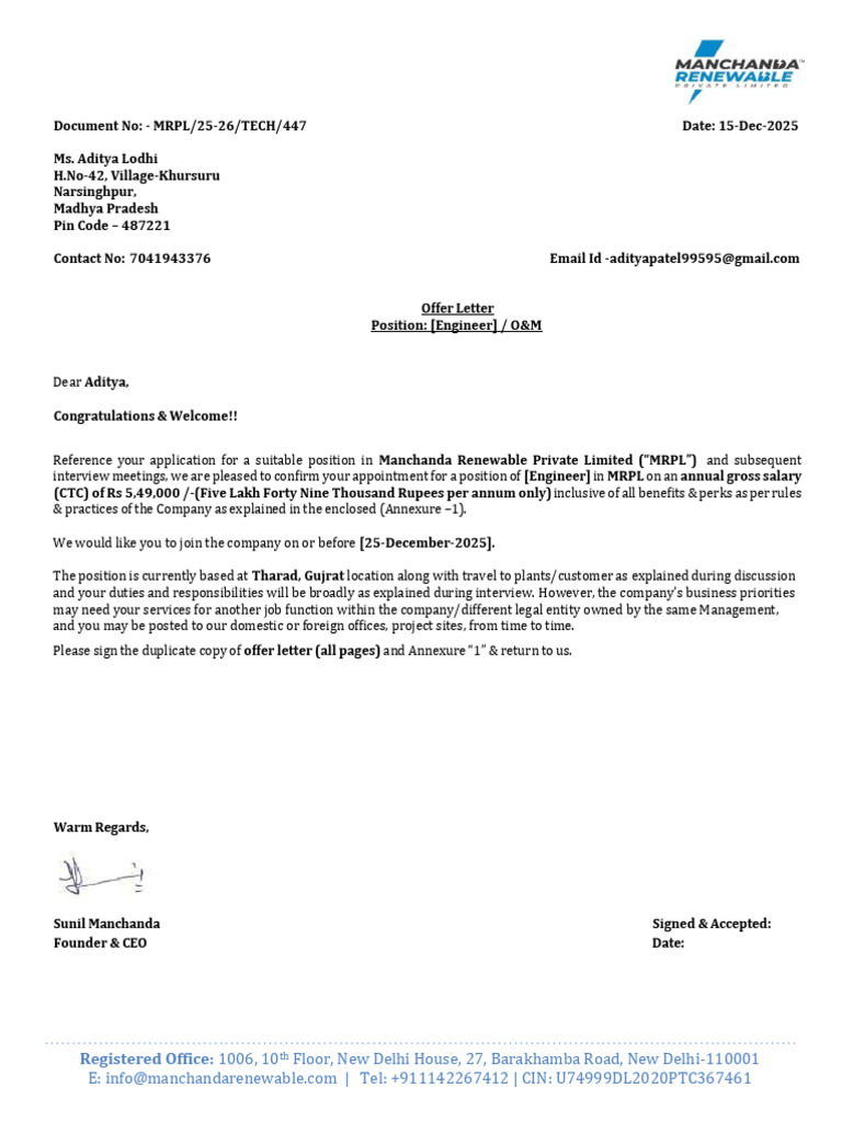 Offer Letter for Engineer Position at MRPL | PDF | Employment | Government