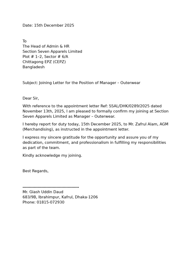 Joining Letter | PDF