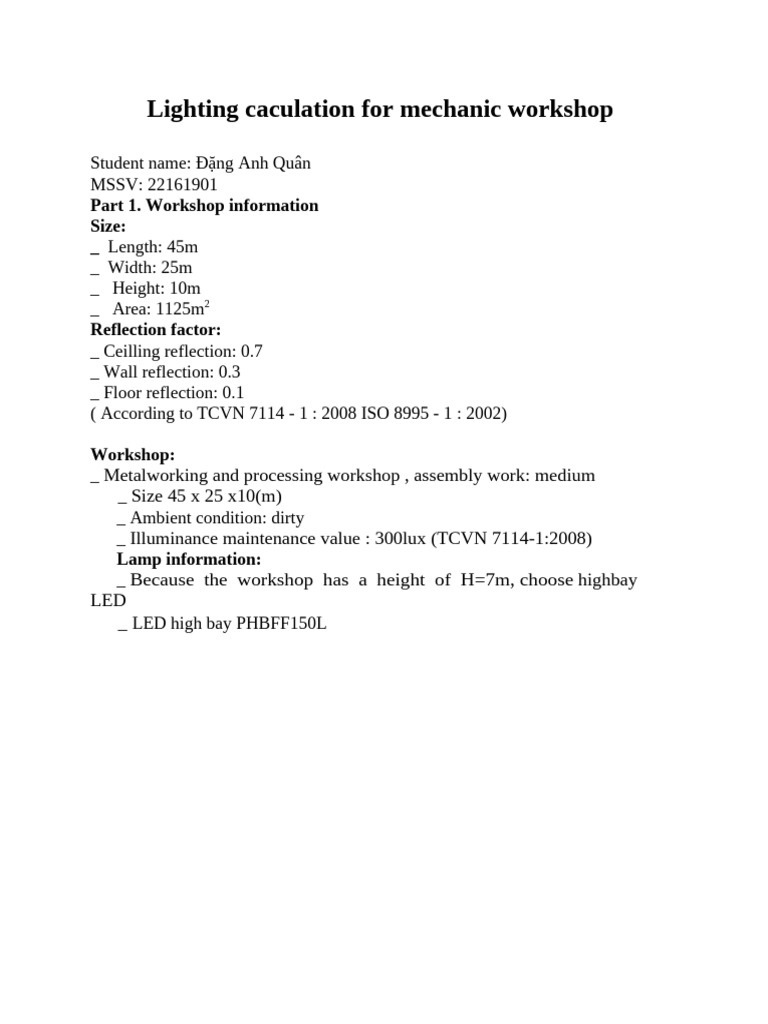 Workshop Lighting Calculation Guide | PDF