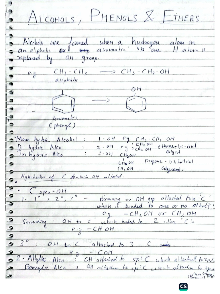 Ch7 Alcohol, Phenols & Ethers Handwritten Notes | PDF