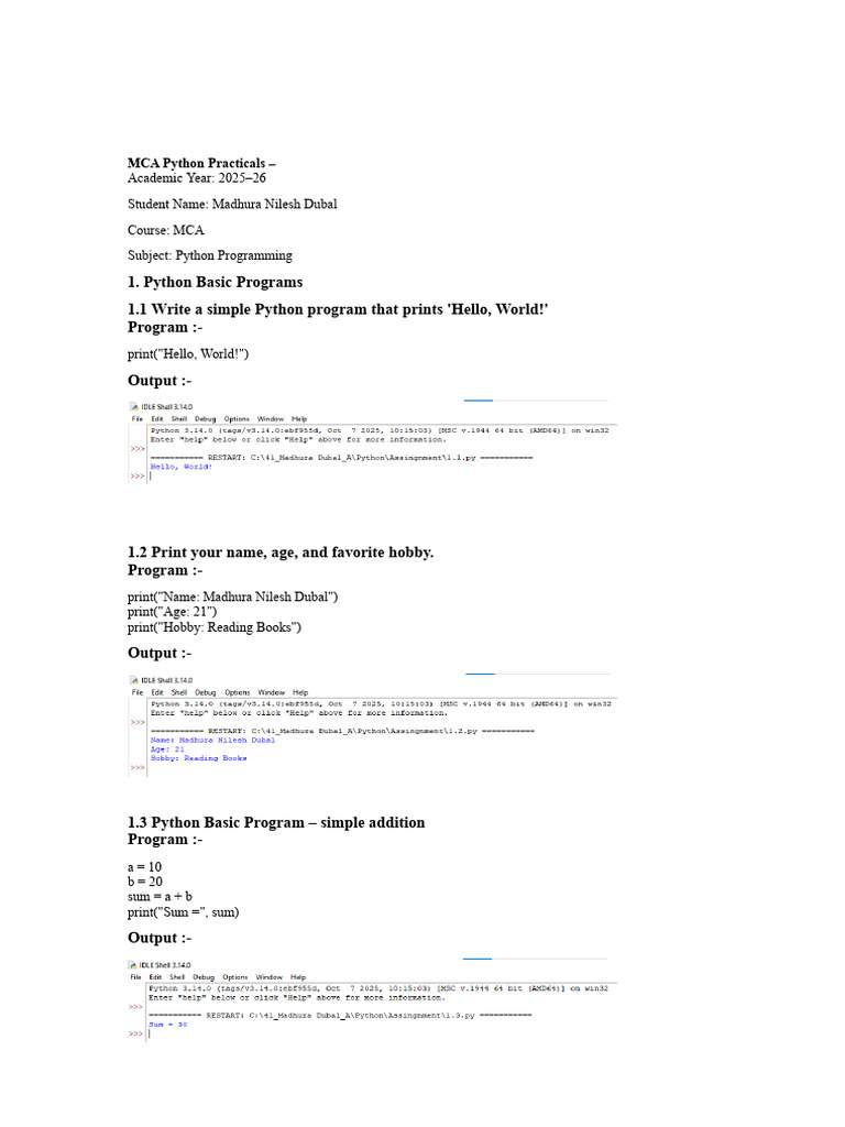 MCA_Python_Practicals_Complete_MadhuraDubal (1).docx | PDF | Python (Programming Language ...
