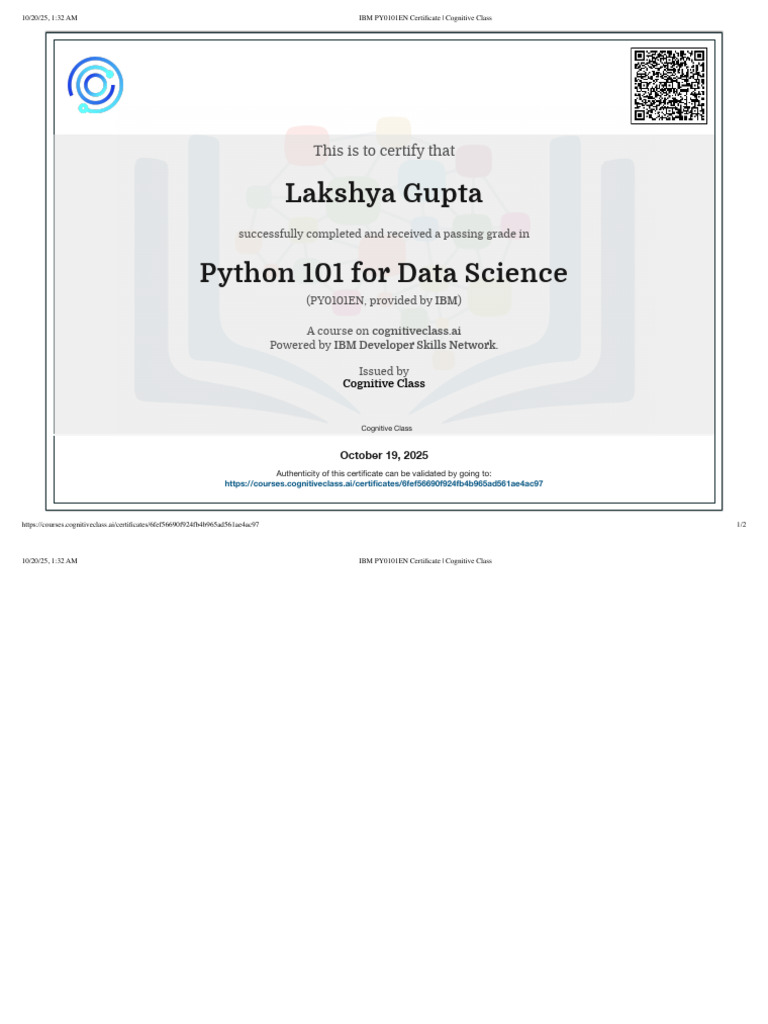 IBM PY0101EN Certificate - Cognitive Class | PDF