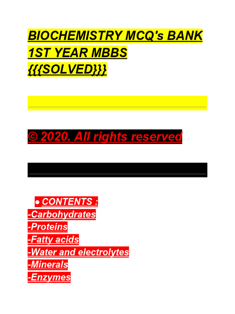Biochemistry Mcq's Bank - 1st Year | PDF | Amino Acid | Fat