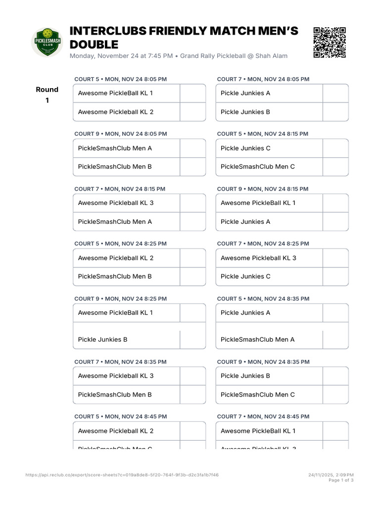 Men's Doubles Pickleball Matches Schedule | PDF