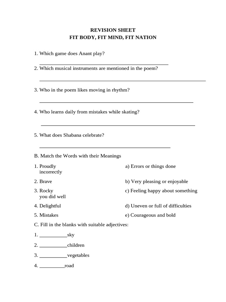 Revision Sheet Class IV | PDF