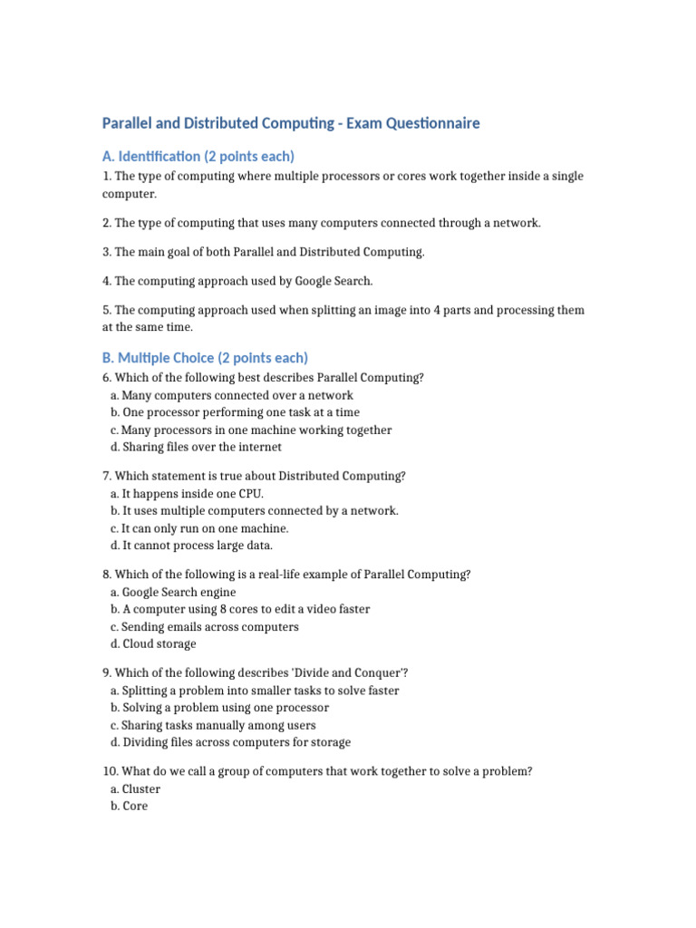 Parallel and Distributed Computing Exam Questionnaire | PDF