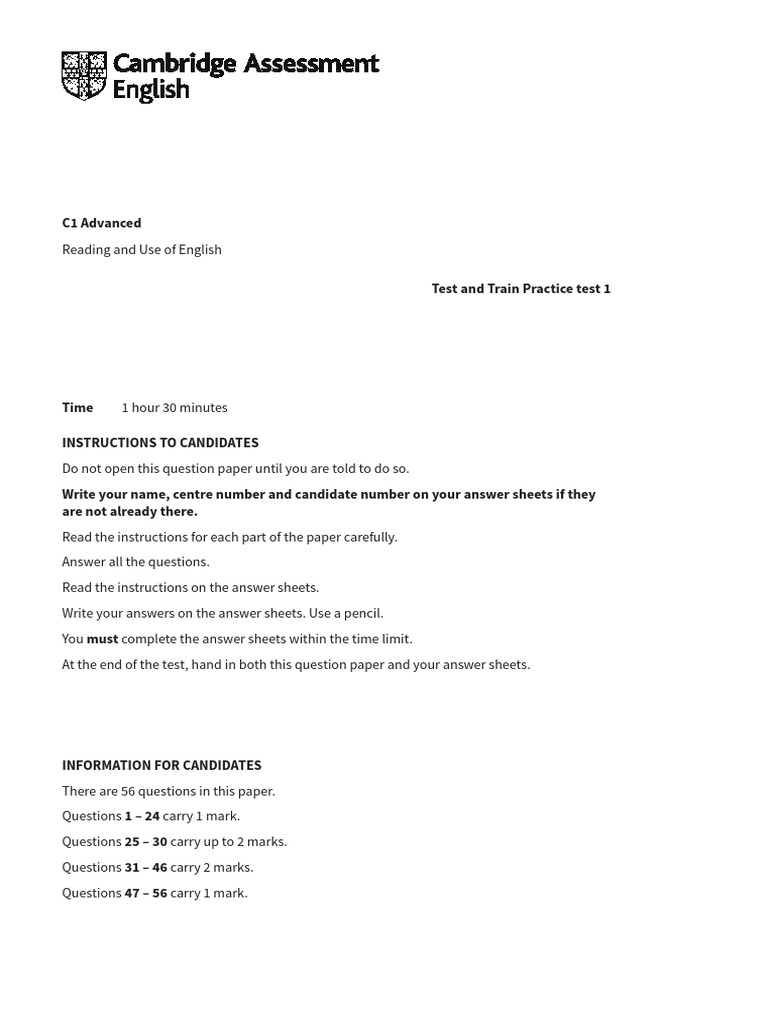 C1 Advanced English Practice Test 1 | PDF | Homework | Aesthetics