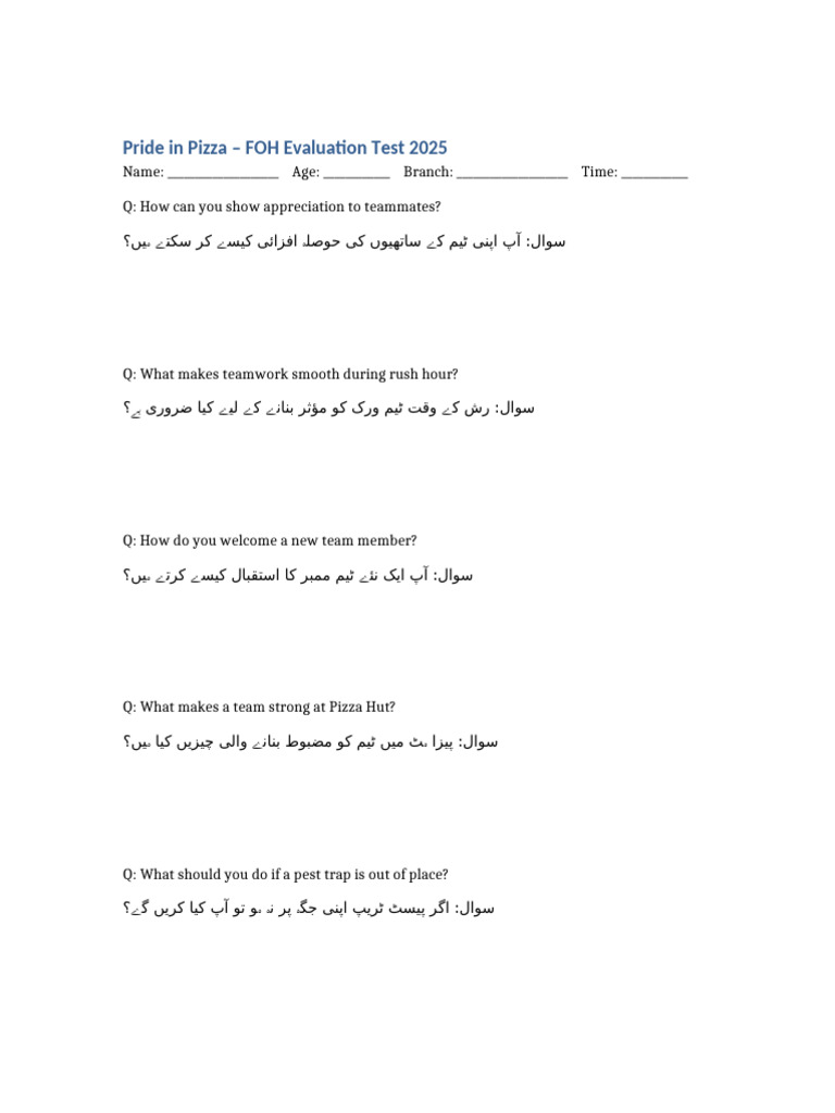 Pride in Pizza FOH Evaluation Test 2025 | PDF