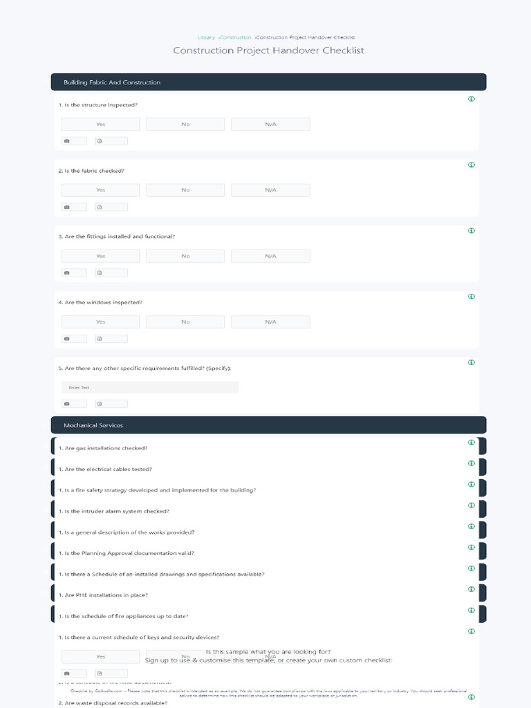 GoAudits - Construction Project Handover Checklist (Sample) | PDF