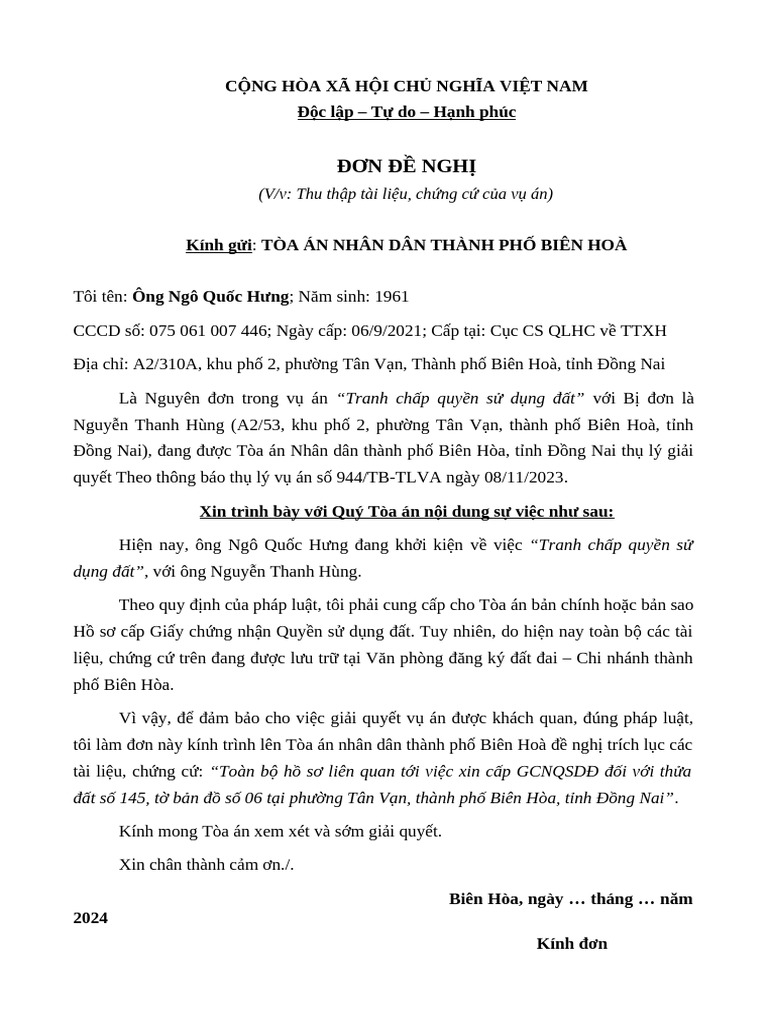 Đơn Xin Trích Lục Hồ Sơ_Ông Hưng | PDF