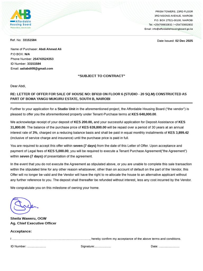 BomaYangu Allocation Offer and Acceptance Letter 33151584 | PDF ...