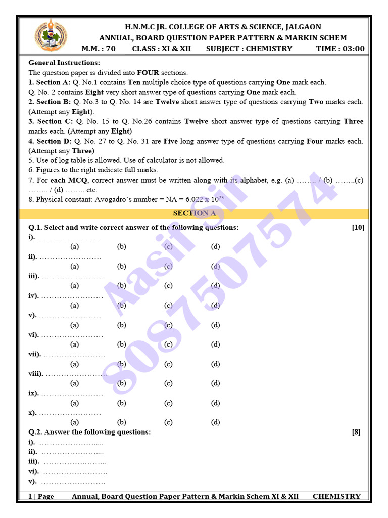 Annual, Board Question Paper Pattern & Markin Schem CHEMISTRY | PDF ...