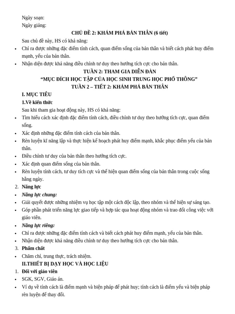 Chủ Đề 2. Khám Phá Bản Thân | PDF
