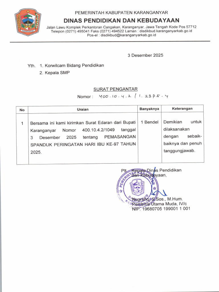 Surat Edaran Pemasangan Spanduk Hari Ibu Ke-97 Tahun 2025 | PDF