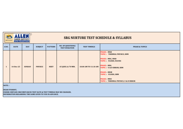 NEET Physics Test Schedule 2025 | PDF