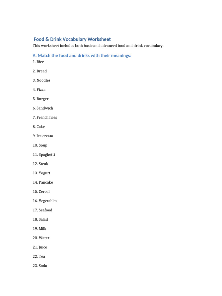 Food & Drink Vocabulary Worksheet | PDF