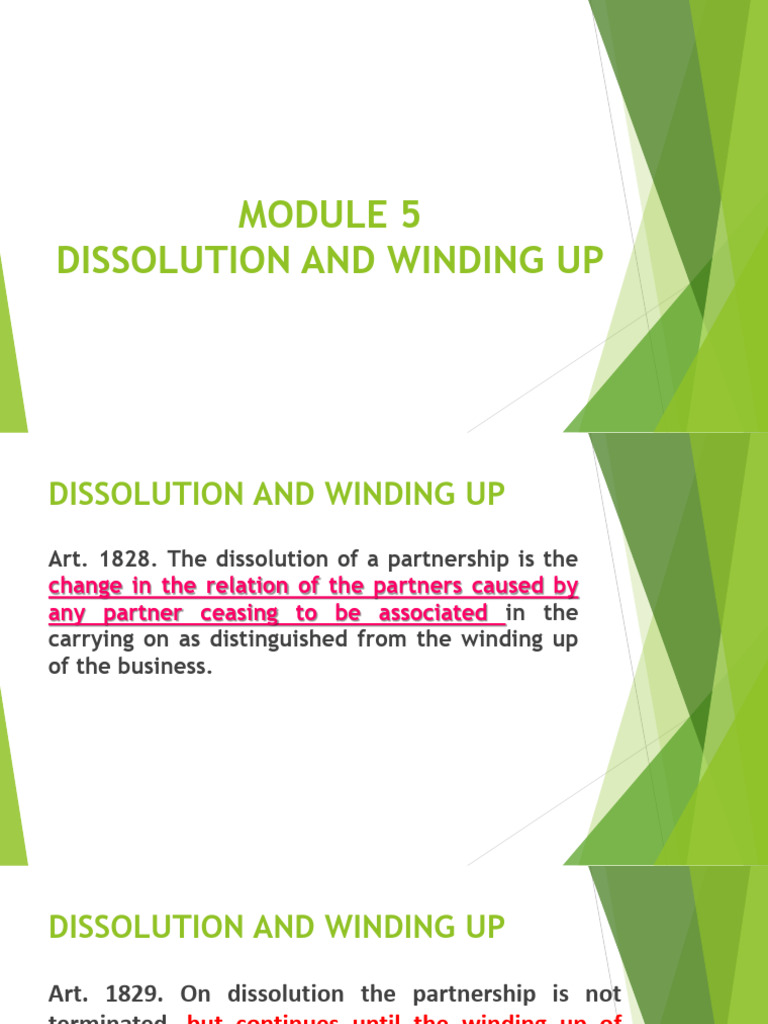 Module 5-Dissolution and Winding Up | PDF | Partnership | Liquidation