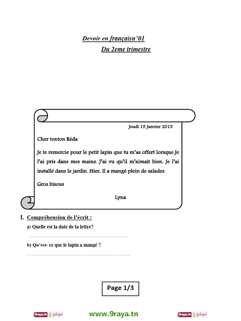 Devoir de français : Compréhension et grammaire | PDF | Relations ...