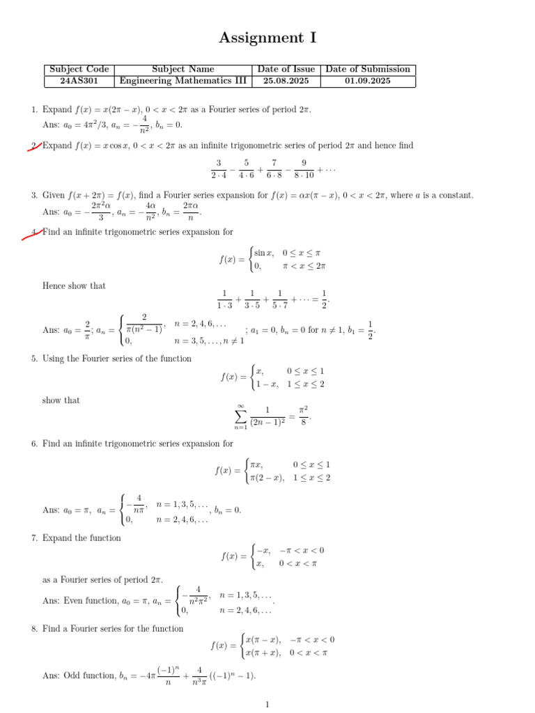 Assignment I Fourier Series | PDF