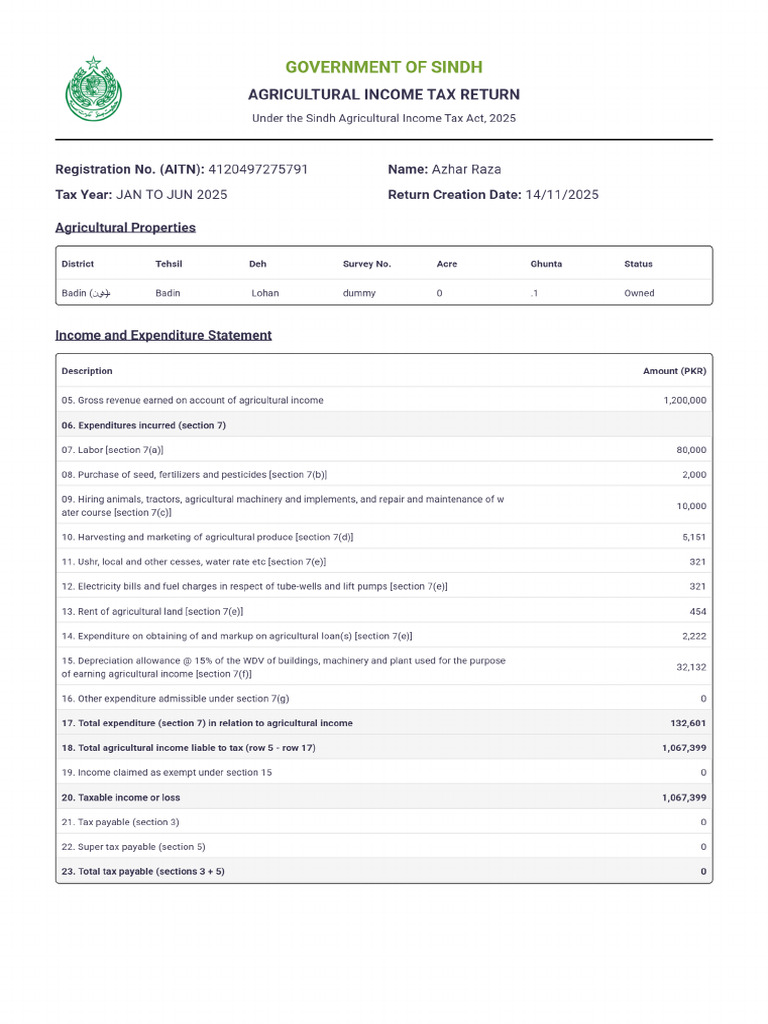 Agricultural Income Tax Return JAN To JUN 2025 | PDF