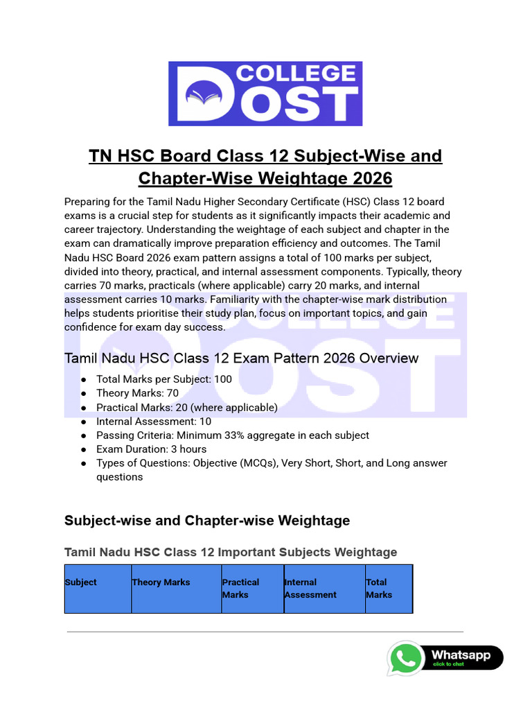 TN HSC Class 12 Weightage Guide 2026 | PDF | Chemistry | Physics