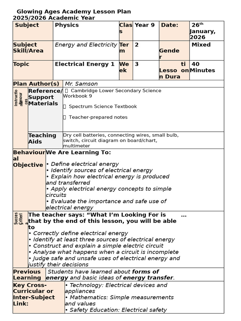 Year 9 Physics Lesson on Electrical Energy | PDF | Electricity | Learning