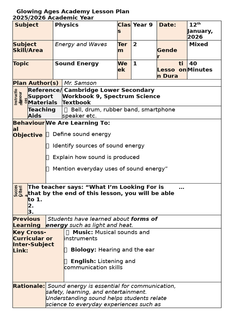 Year 9 Sound Energy Lesson Plan | PDF | Sound | Learning