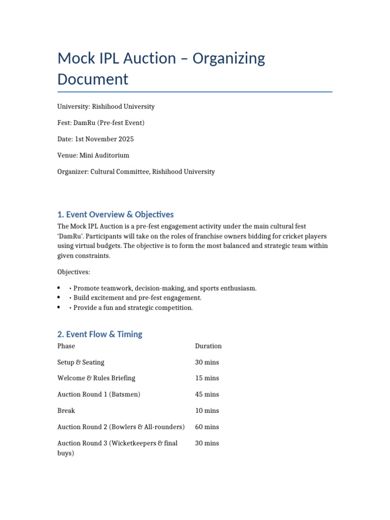 Mock IPL Auction Organizing Document Rishihood University | PDF | Auction