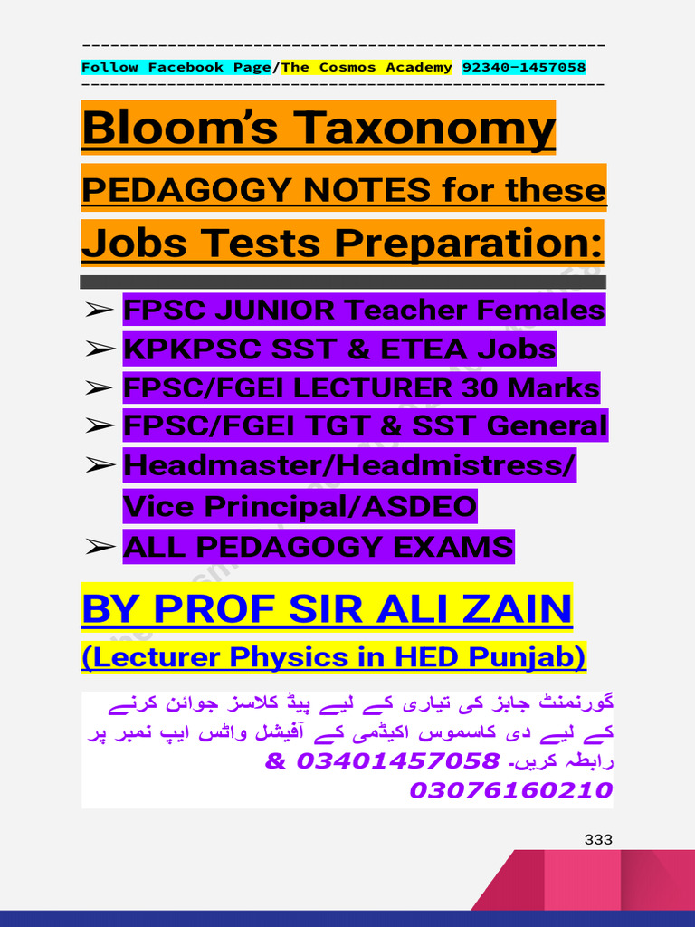 Blooms Taxonomy Pedagogy Notes For FPSC Junior Teacher Females KPKPSC ...