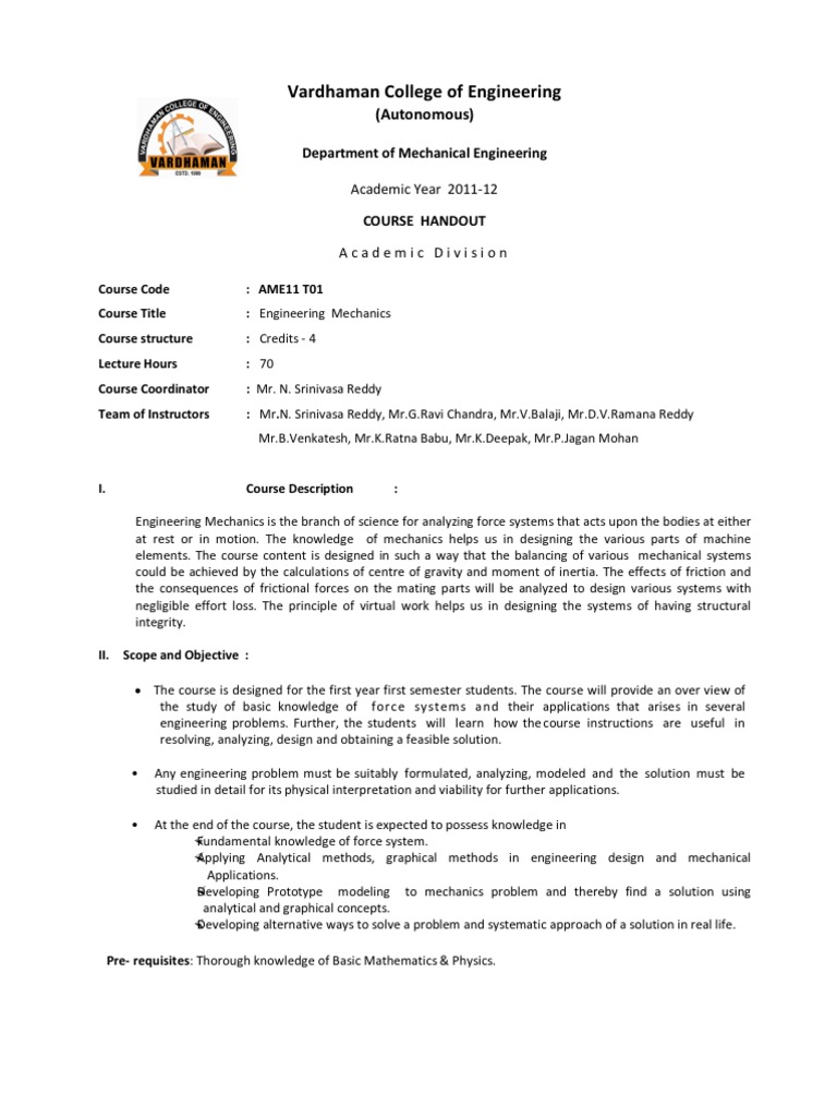 Engineering Mechanics COURSE HANDOUT 1 | PDF | Force | Engineering