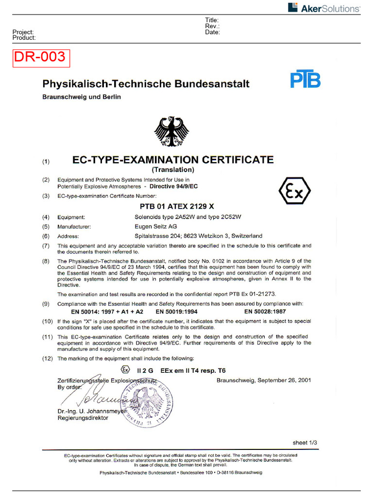 [DR-003]PTB 01 ATEX 2129 X | PDF