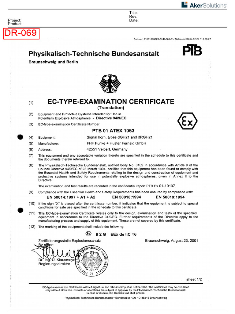 (DR-069) PTB 01 Atex 1063 (31001063023) | PDF