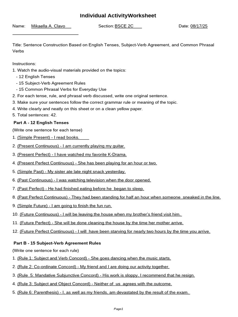 Grammar Review Activity Worksheet | PDF | Verb | Grammatical Tense