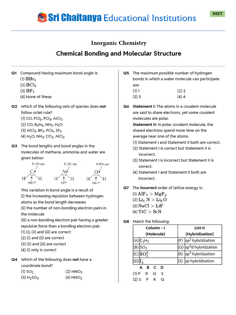 NEET Inorganic Chemistry Bonding Quiz | PDF | Chemical Bond | Covalent Bond