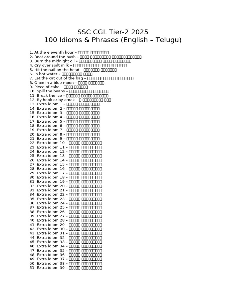 SSC CGL Tier2 100 Idioms Telugu | PDF