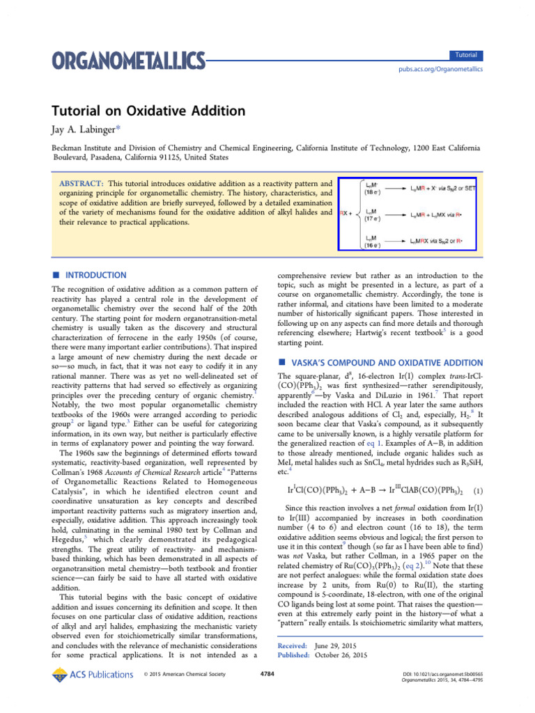 Understanding Oxidative Addition in Organometallics | PDF | Chemical ...