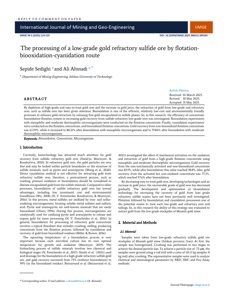The Processing of a Low-grade Gold Refractory Sulfide Ore by ...