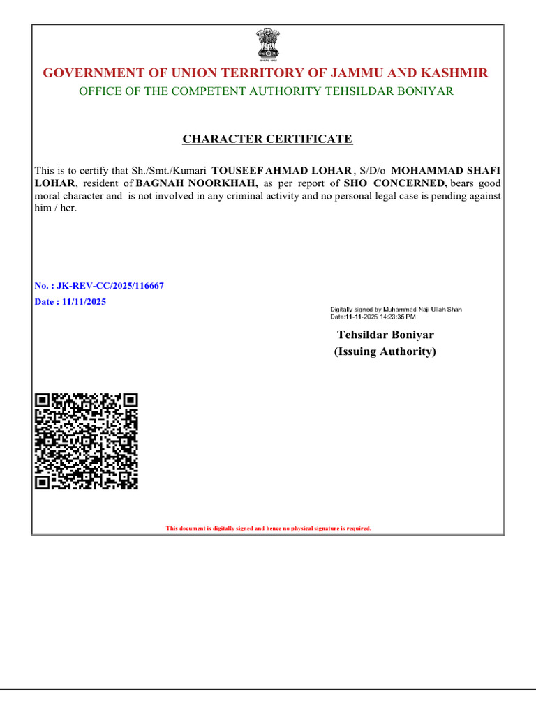 Touseef Character Certificate | PDF
