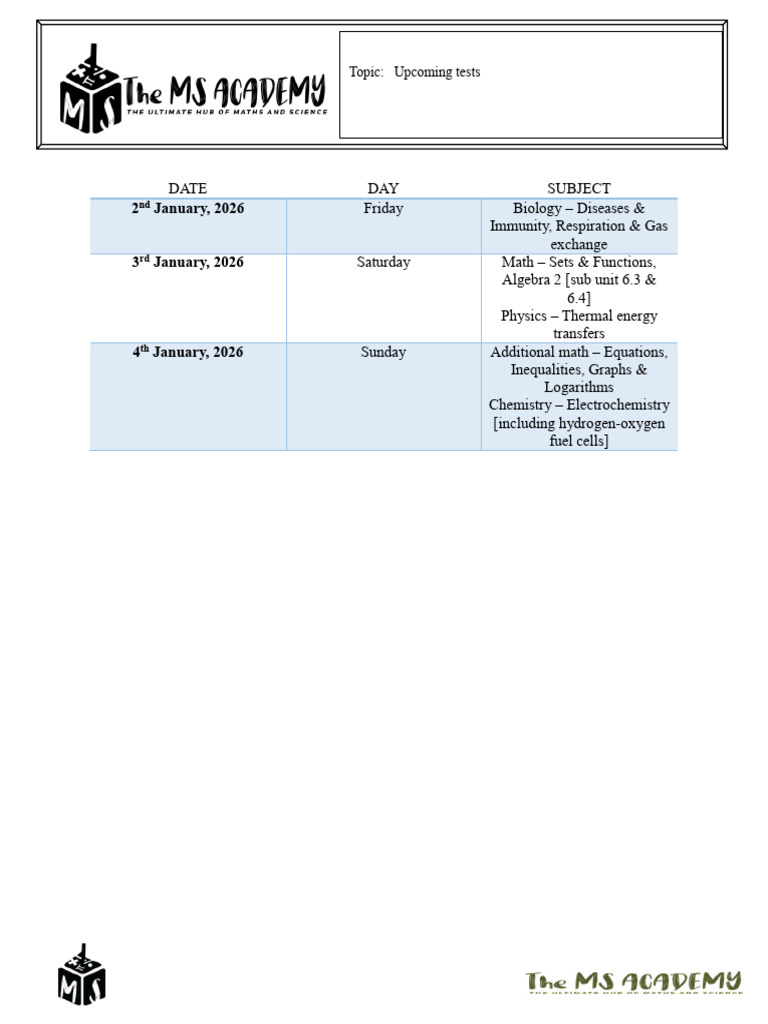 Upcoming Tests Schedule January 2026 | PDF