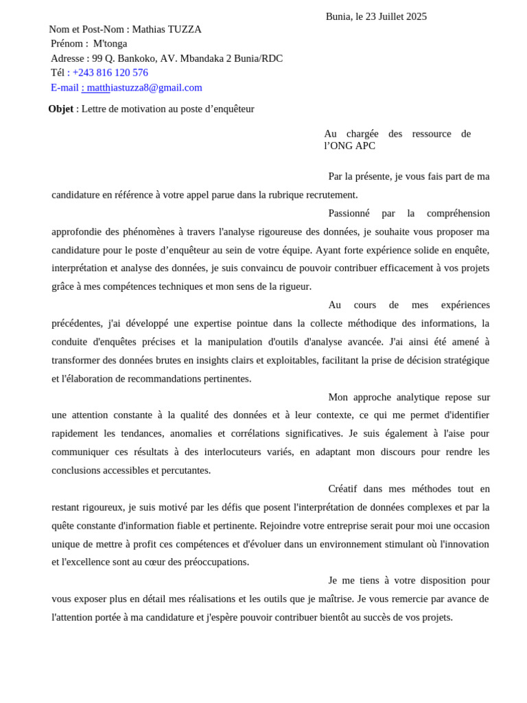 Candidature de Mathias Tuzza pour enquêteur | PDF