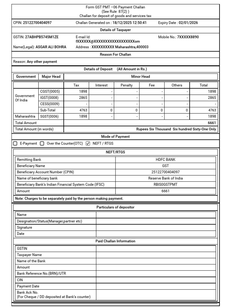 GST PMT-06 Payment Challan Details | PDF | Cheque | Payments
