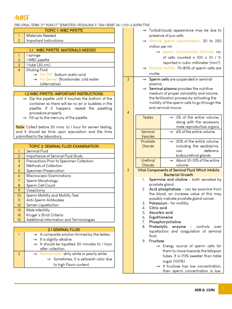Aubf Wbc Pipette Seminal Fluid Examination | PDF | Semen | Testicle