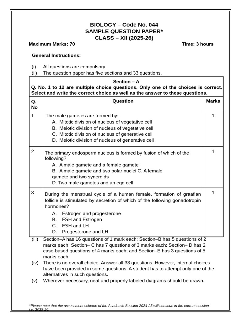 Class XII Biology Sample Question Paper | PDF | Translation (Biology ...