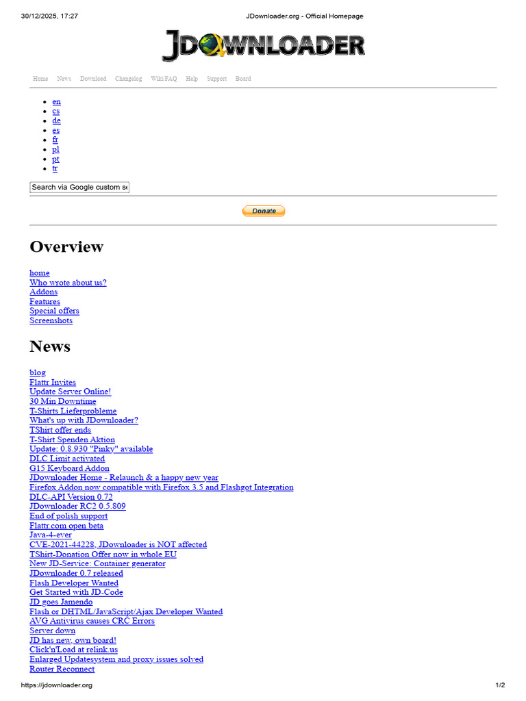 JDownloader Official Homepage Overview | PDF