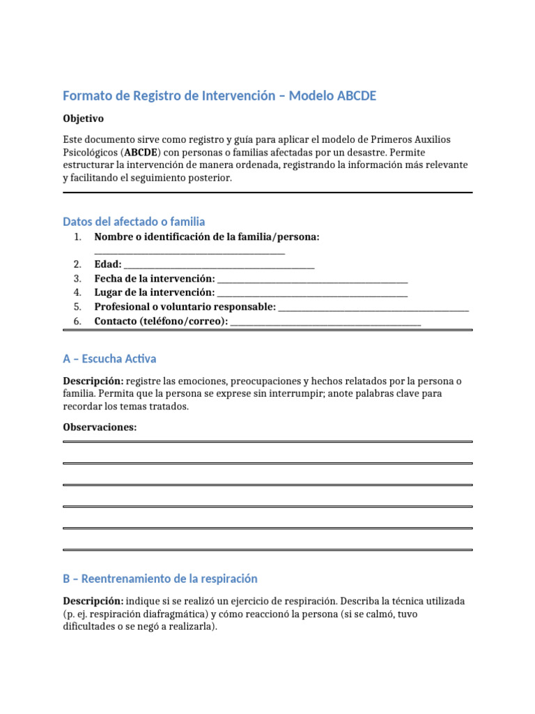 Registro Intervencion ABCDE Formato Espacios (3) | PDF | Sicología