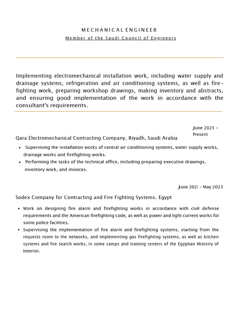 Mechanical Engineer Profile - Saudi Arabia | PDF | Firefighting | Air ...