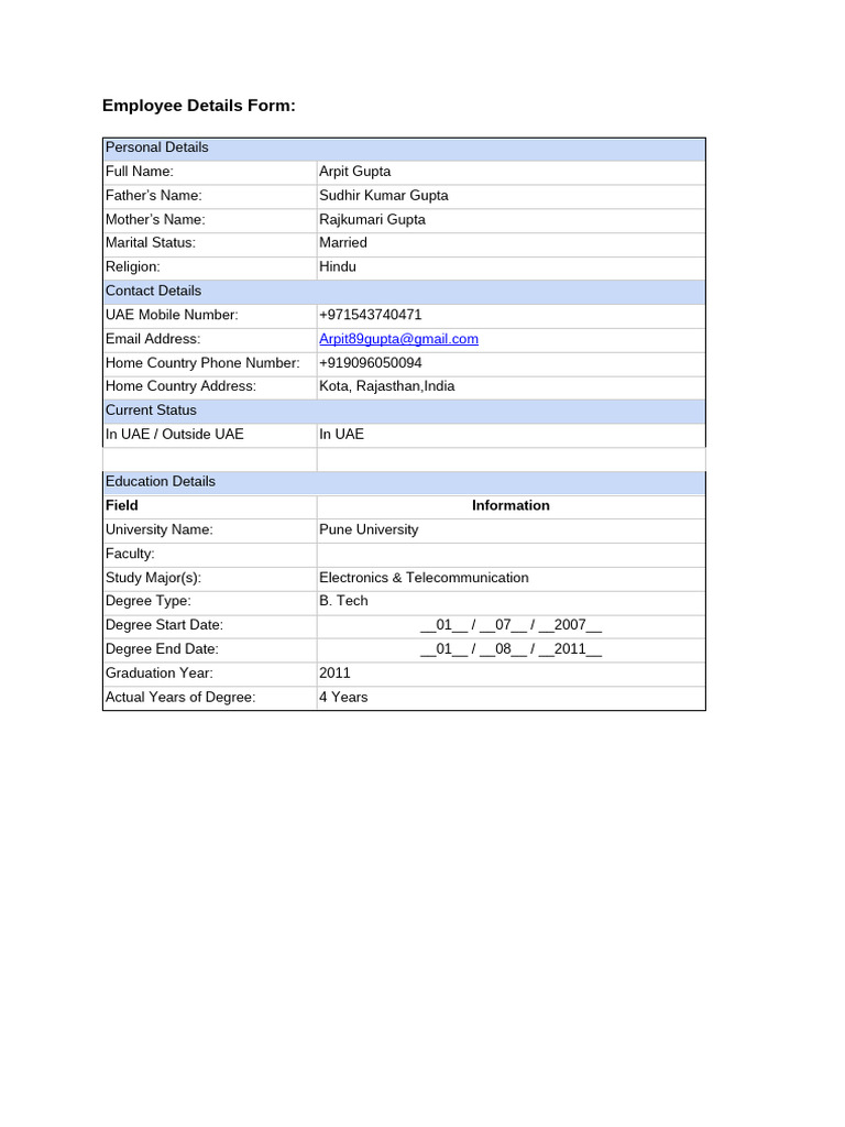 Employee Details Form for Arpit Gupta | PDF
